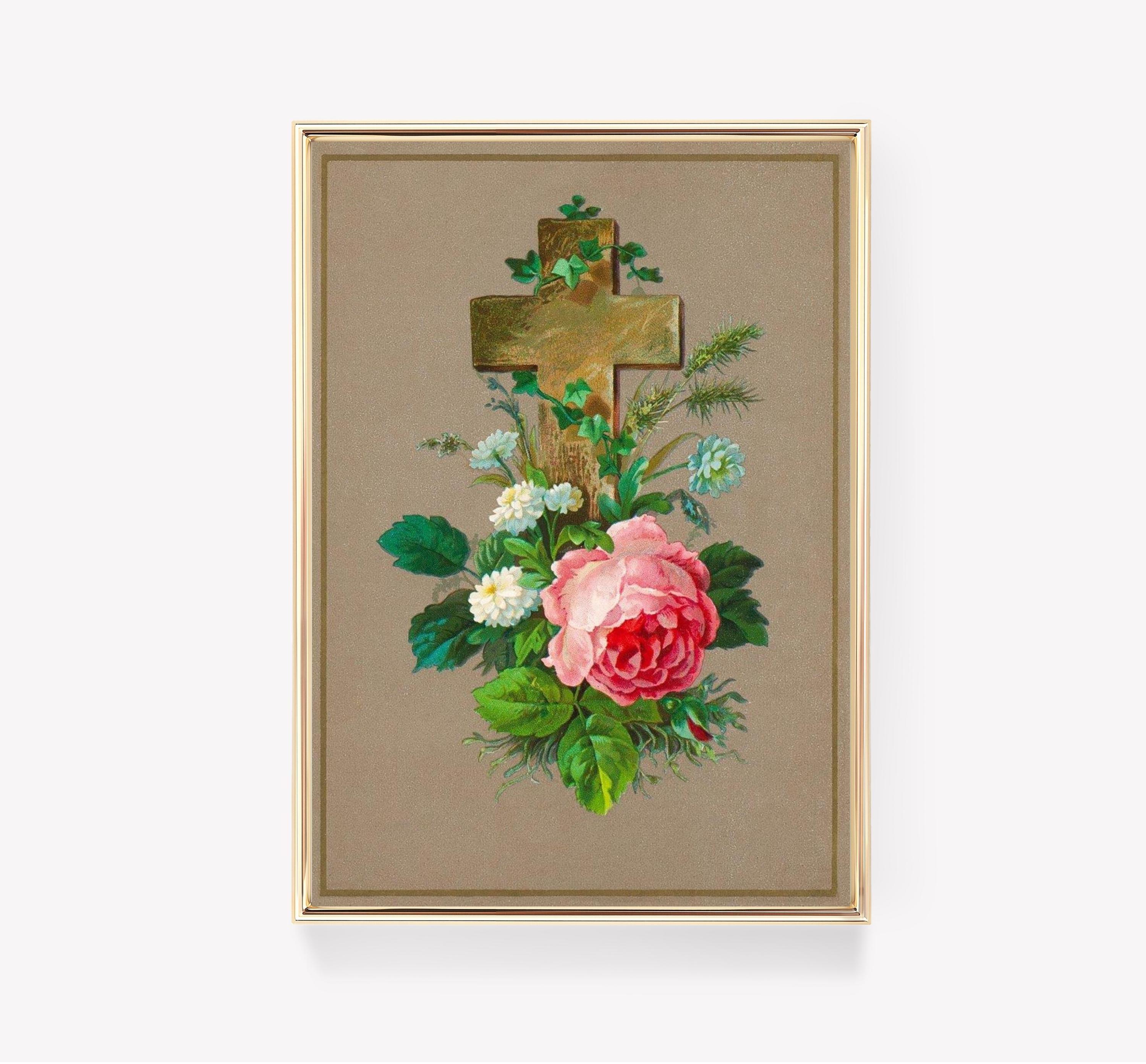Vintage Floral Cross Antique Cross Decor Limited Edition Posters (No Frame)